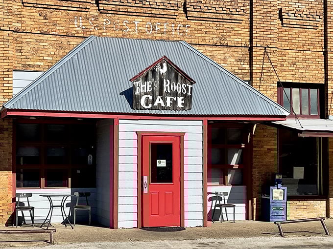 The blue exterior and iconic red door of The Roost Cafe stand as a beacon of hope for hungry travelers in Eustace. Small-town charm at its finest!