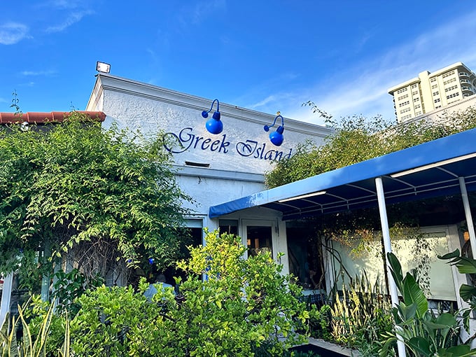The blue and white exterior of Greek Islands Taverna stands like a Mediterranean mirage among Fort Lauderdale's high-rises. A perfect postcard from Greece without the jet lag.