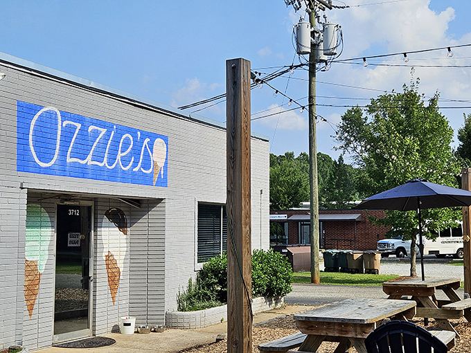 The brilliant blue sign of Ozzie's against white brick is like a beacon for ice cream lovers—simplicity that promises sweet perfection inside.