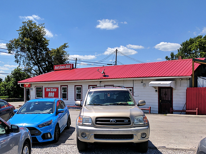 The little white building with the bright red roof isn't trying to be fancy—it's too busy perfecting what matters: smoke, meat, and Kentucky hospitality.