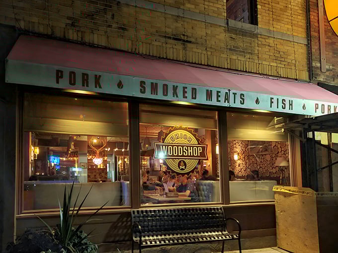 The unassuming brick exterior of Union Woodshop hides a smoky paradise within. Like finding a treasure map in your attic—the adventure begins here.