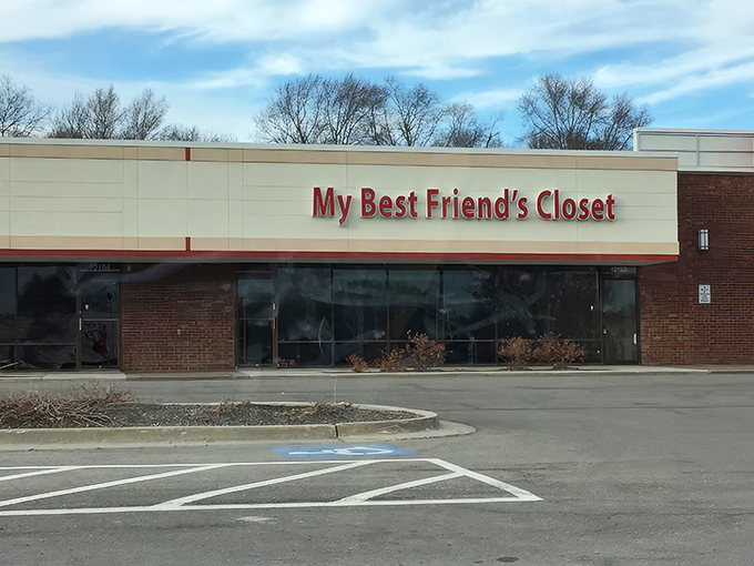 The bright red signage of My Best Friend's Closet beckons like a lighthouse for bargain hunters navigating the sea of retail options in Shawnee.