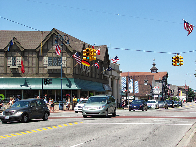 Main Street Frankenmuth looks like someone shrink-wrapped a Bavarian village and dropped it in the Michigan countryside. Those flags aren't just for show—they're waving "willkommen!"