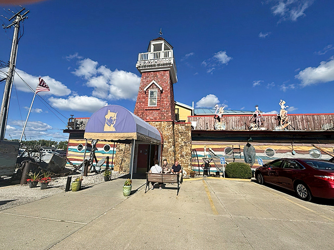 The lighthouse-topped entrance of Pickle Bill's stands like a New England mirage in Ohio, complete with that charming Mail Pouch Tobacco barn.