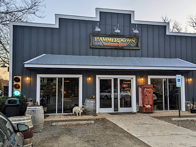 The unassuming gray facade of Hammerdown Barbecue stands like a smoke signal to hungry travelers—architectural proof that the best BBQ joints never need fancy frills. 