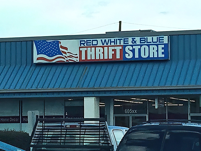 The patriotic blue roof and bold signage announce your arrival at treasure-hunting paradise. Budget-friendly dreams begin here!