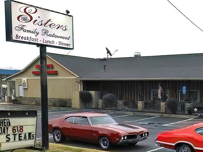 The classic American diner dream lives at Sister's Family Restaurant, where vintage muscle cars in the parking lot hint at the timeless treasures waiting inside.