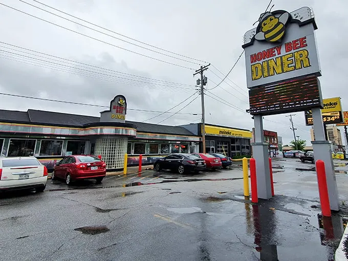 The cheerful cartoon bee sign beckons hungry travelers like a lighthouse for the famished. Even on rainy days, this Glen Burnie landmark promises comfort inside.