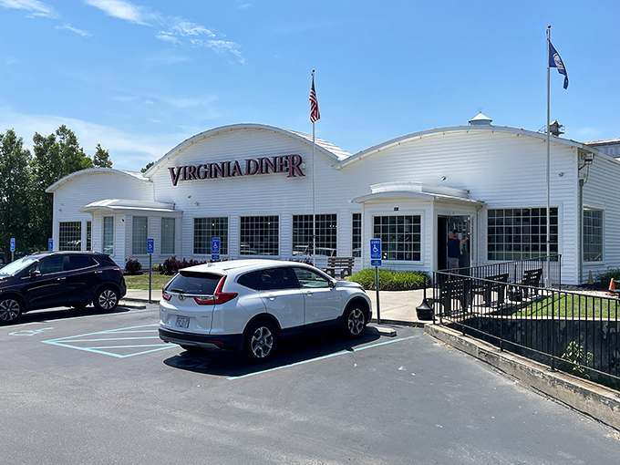 The white curved exterior of Virginia Diner stands proudly against the blue Virginia sky, a beacon of comfort food that's been calling hungry travelers home for generations.