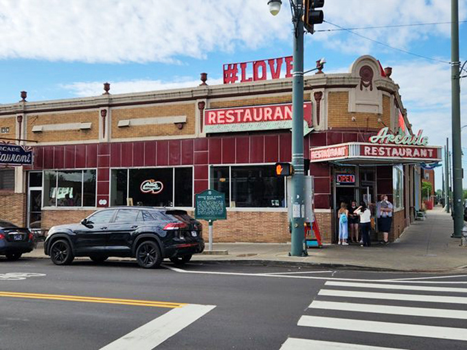 The neon sign beckons like an old friend – The Arcade Restaurant stands proudly on South Main Street, Memphis's oldest diner still serving up history with breakfast.