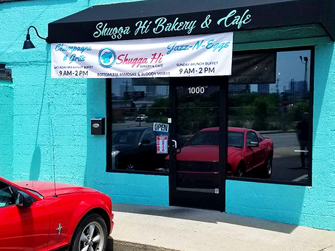 The turquoise beacon of breakfast bliss stands out like a dessert oasis in Nashville. "Dessert First Please!" isn't just wall art—it's a life philosophy.