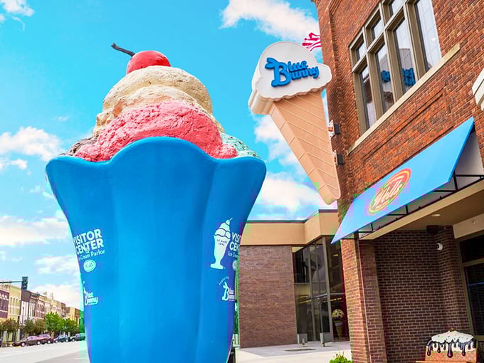 The brick façade of Wells Visitor Center stands proudly in downtown Le Mars, with that giant ice cream cone sculpture practically winking at passersby.