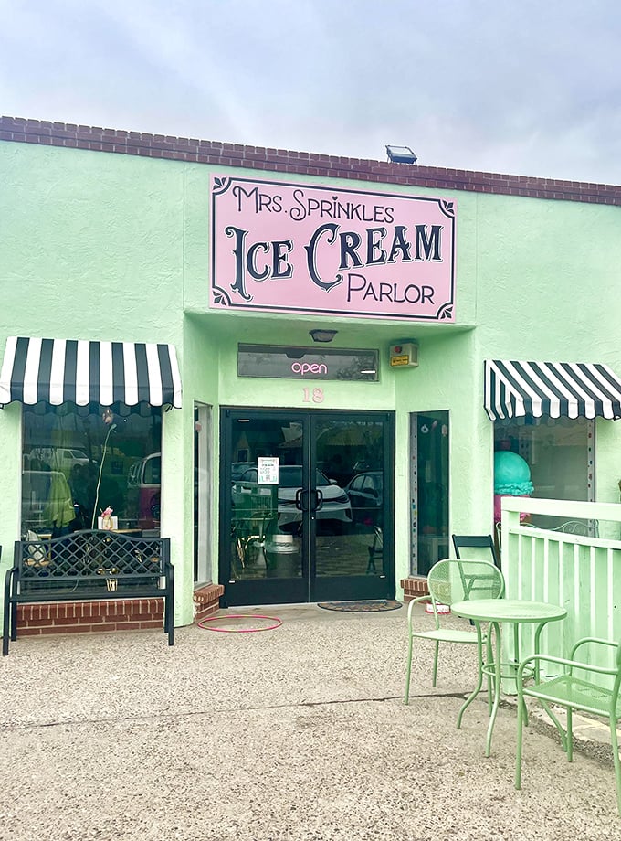 That mint-green facade with classic black and white awnings isn't just a building—it's a portal to simpler, sweeter times in Albuquerque.