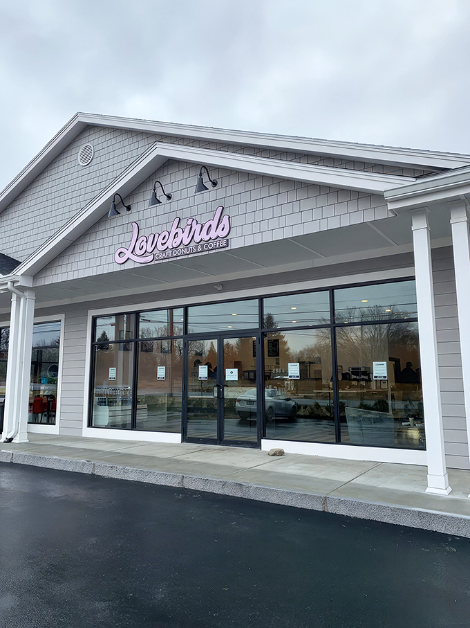 The welcoming gray shingled exterior of Lovebirds Donuts beckons like a siren song to donut lovers across state lines.