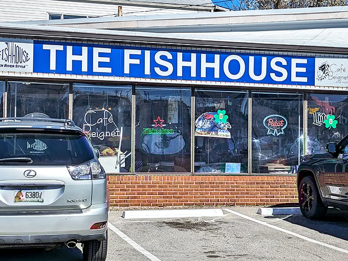 The blue sign beckons like a lighthouse for the seafood-starved. No fancy architecture needed when what's inside is this good.