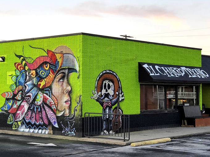 The lime-green exterior of El Charro Texano isn't just eye-catching—it's practically a landmark. These vibrant murals tell you immediately: this isn't your average taco joint.