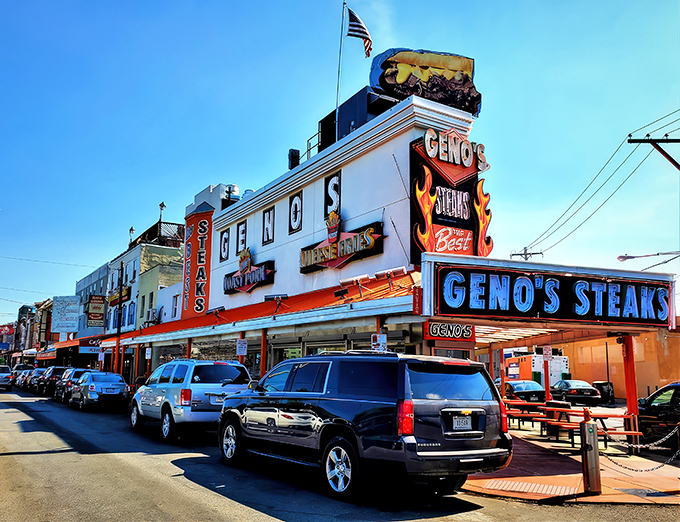 The Las Vegas of cheesesteak joints announces itself with neon bravado on the corner of 9th and Passyunk, a Philadelphia landmark that refuses to whisper. 