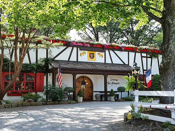 The charming exterior of L'Auberge Chez François looks like it was plucked from an Alsatian fairy tale and dropped into Virginia's countryside.