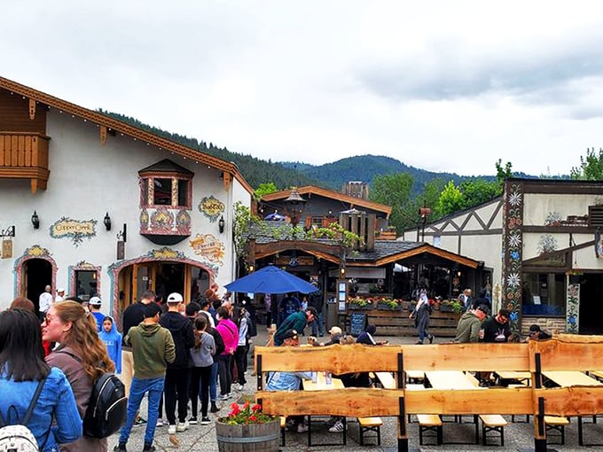 The Bavarian-style exterior of München Haus welcomes visitors with its charming wooden details and inviting fire pits—Germany's soul transplanted to Washington's mountains. 