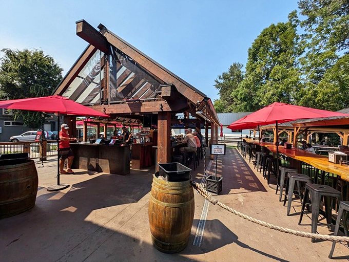The timber-framed outdoor seating area beckons like an old friend, promising cold brews and mountain views that'll make your city stress evaporate instantly.
