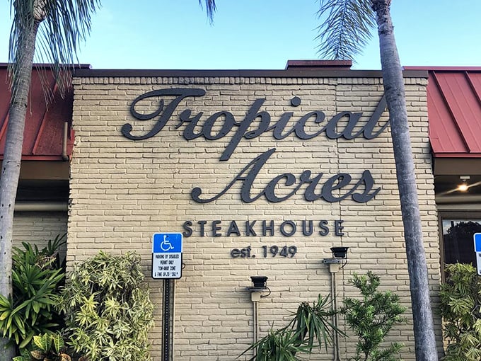 The iconic white brick façade of Tropical Acres glows invitingly at night, palm trees standing guard like old friends welcoming you home.