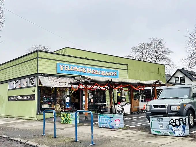 The unmistakable lime-green exterior of Village Merchants stands out like a beacon for treasure hunters on SE Division Street. Portland's quirky personality in building form.