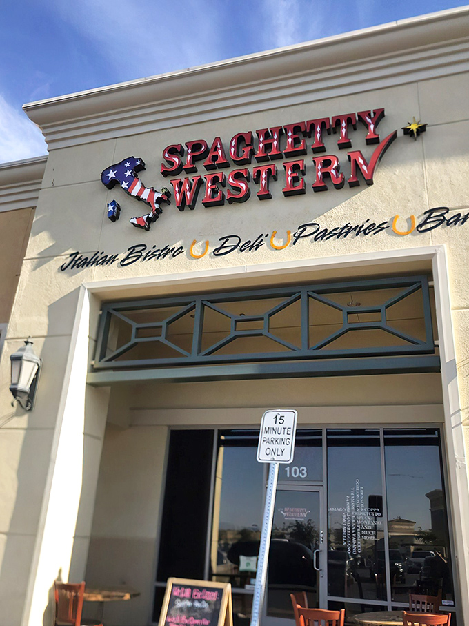 The boot-shaped sign with its patriotic flair promises a culinary showdown between Italian tradition and Western hospitality. No reservations about this reservation.