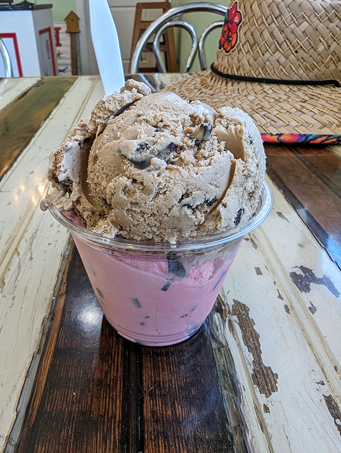 The double-decker cone that makes you feel like you've won at life—two distinct flavors creating a perfect harmony in your hand.