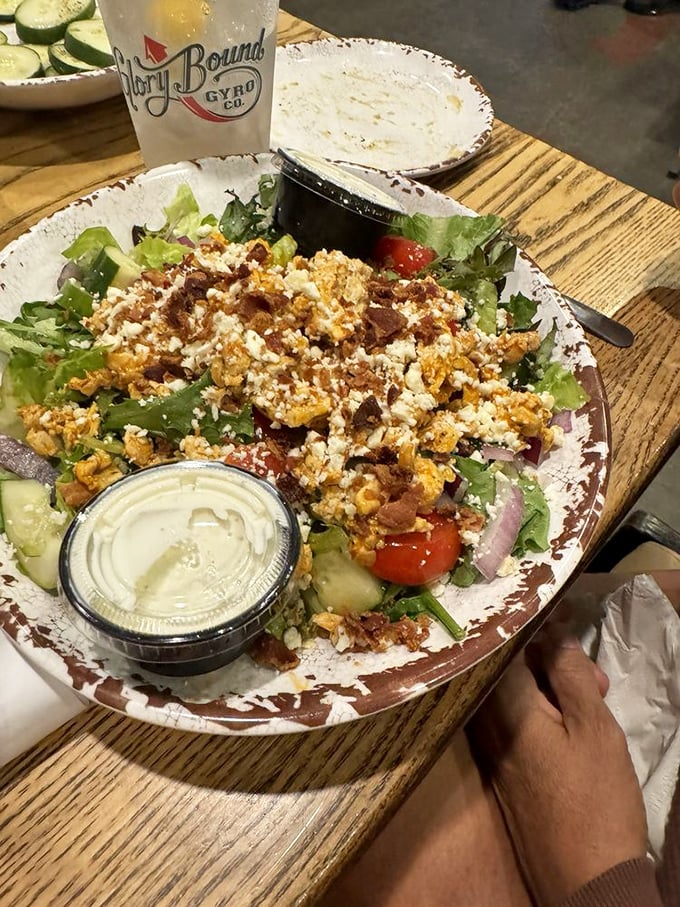 Buffalo chicken meets Greek salad in a cultural mashup that works so well, it should have its own peace treaty named after it.