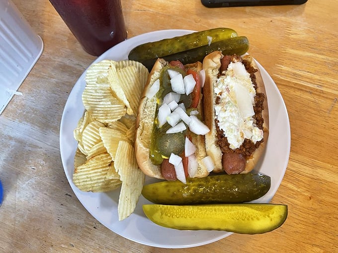 This hot dog, loaded with toppings and nestled alongside chips and pickles, isn't just lunch – it's an edible work of American art.