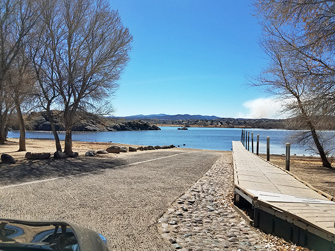 Another peaceful day at the lake, where the wooden dock stands ready for contemplative walks and impromptu fishing stories. No filter needed.