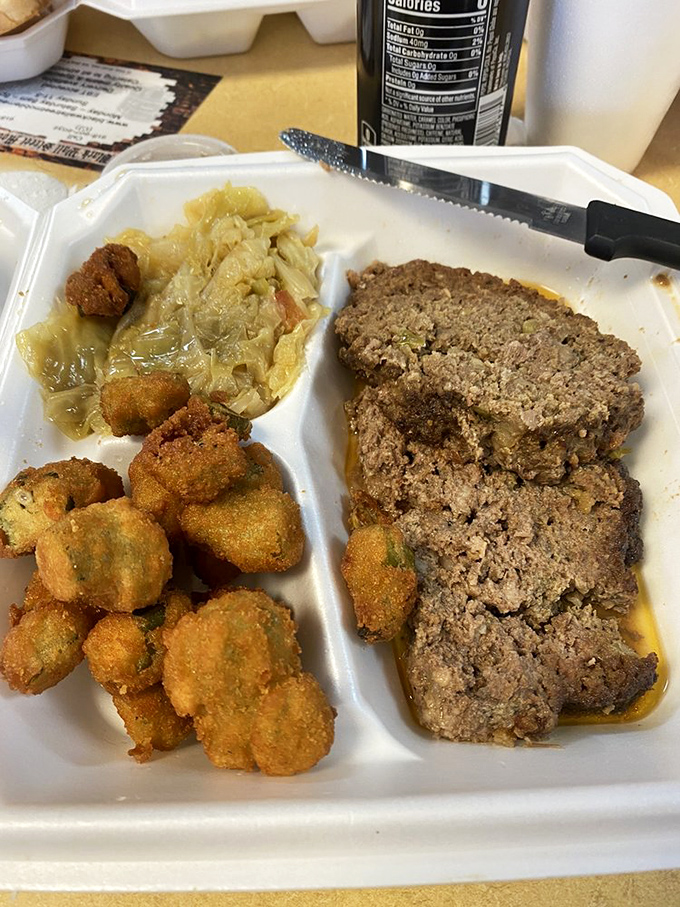 Homestyle meatloaf, crispy okra, and tender cabbage. This plate doesn't just feed your body—it nourishes your soul with every savory bite.