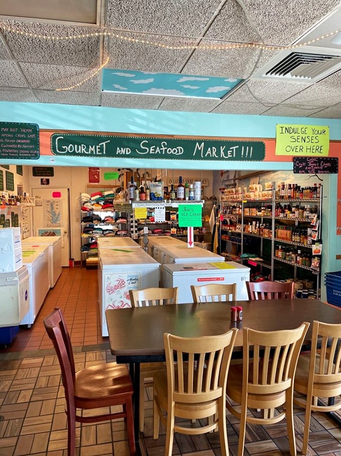Part market, part dining room, all treasure trove. The "Indulge Your Senses" sign isn't a suggestion—it's the only reasonable course of action here.