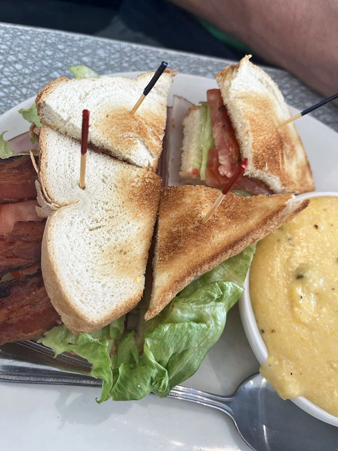 A club sandwich constructed with the architectural precision of Frank Lloyd Wright, if Frank Lloyd Wright had been really into bacon.