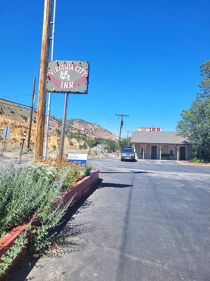 The Virginia City Inn sign welcomes weary travelers just as it did during the silver rush, though today's guests arrive by car rather than stagecoach.