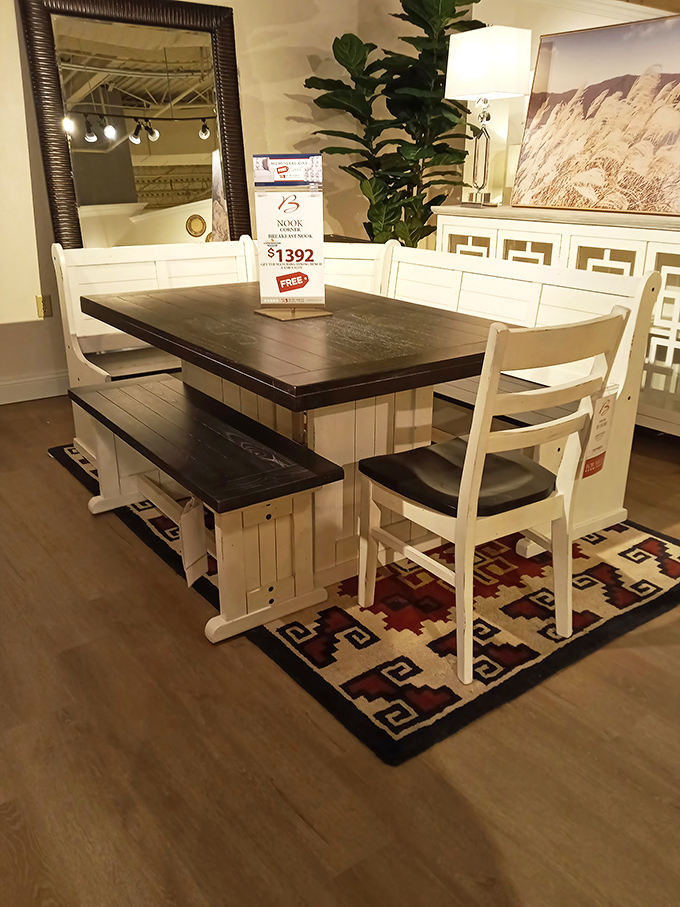 Farmhouse chic meets practical family dining. That bench seating isn't just stylish—it's the solution to fitting one more person at Thanksgiving dinner.