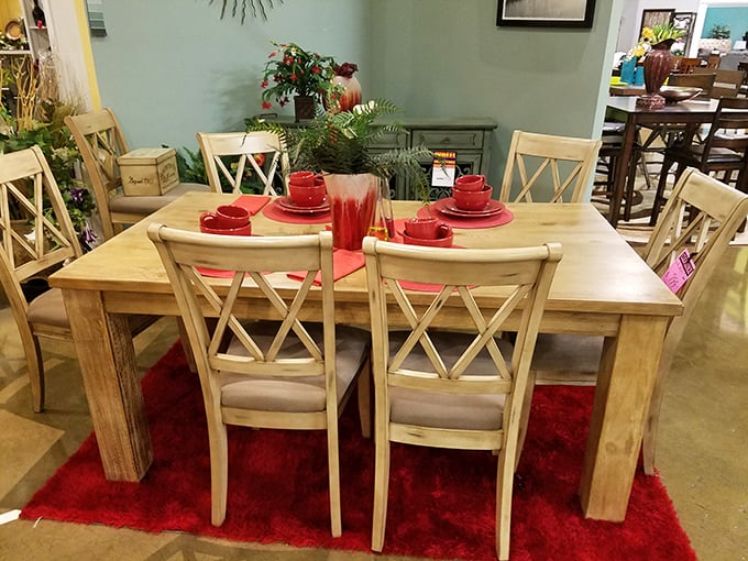 This rustic dining set with vibrant red accents doesn't just serve meals—it serves memories waiting to be made over countless family dinners.