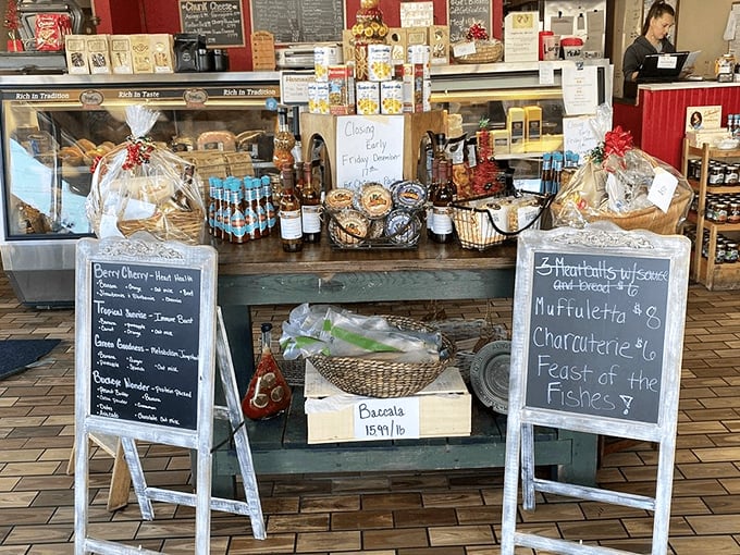 The entrance display offers a glimpse into Hermosilla's commitment to quality. Those chalkboard specials and gift baskets whisper, "You've found the real deal."