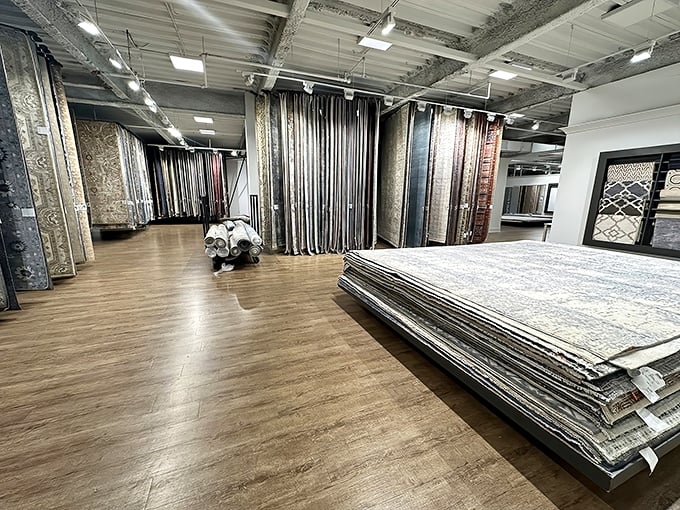Rug heaven – where floor coverings are stacked like pancakes and displayed with the reverence they deserve.