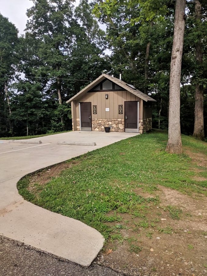Even the restroom facilities blend harmoniously with the landscape. Practical architecture that respects its woodland setting—a rarity in public parks.
