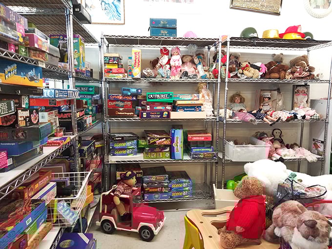 The toy section – where board games missing three pieces sit alongside teddy bears waiting for their second chance at love.