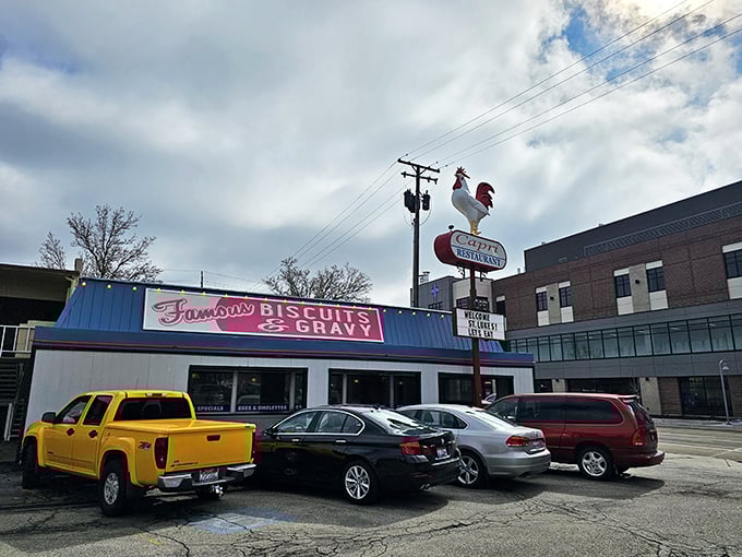 That rooster isn't just for show—it's crowing about legendary biscuits! The bright blue exterior practically shouts "morning happiness inside!"