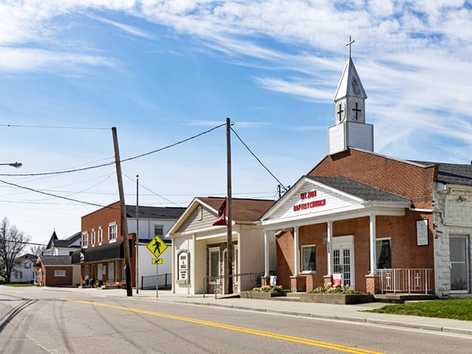 The simple white steeple of Independence's church stands as a beacon of community in this quintessential Kentucky town.