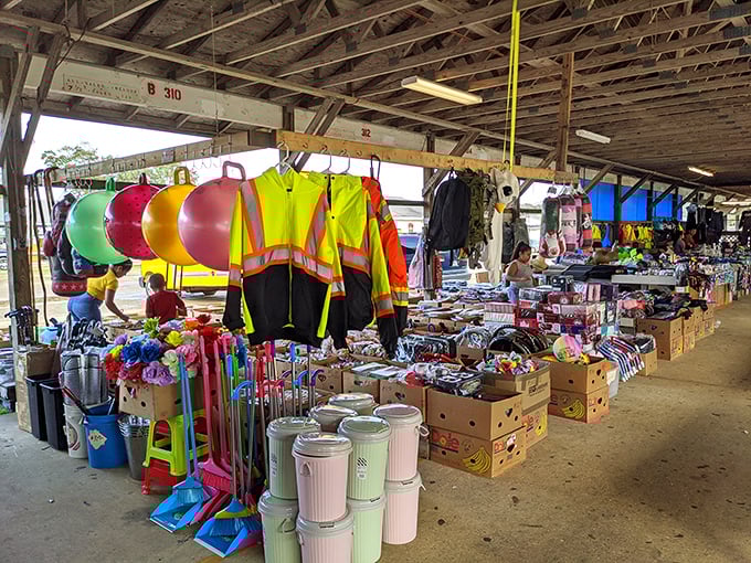 Construction vests next to kitchen goods! This delightful jumble of merchandise proves the best markets embrace beautiful chaos.
