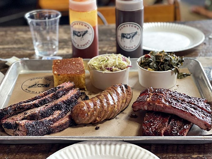 The barbecue sampler platter: nature's way of saying "I love you" through meat, cornbread, and perfectly executed sides.
