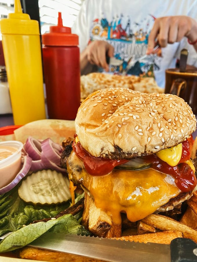 A burger that doesn't care about your diet plans. When breakfast hours end, this towering creation steps into the spotlight.
