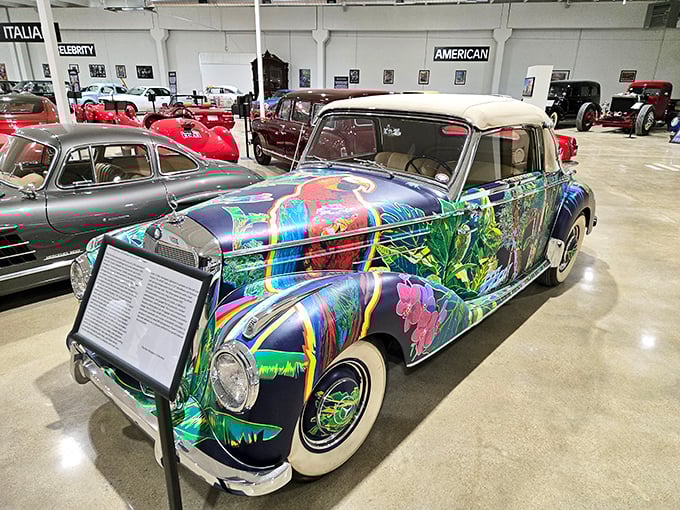 This psychedelic art car transforms a classic Mercedes into a rolling canvas. It's what would happen if Salvador Dalí and Dr. Seuss collaborated on an automotive project.
