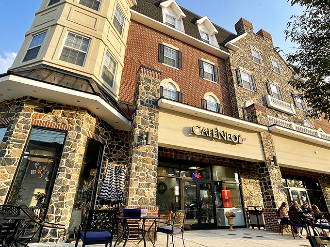 Café Neo's stone and brick façade offers a perfect pit stop for weary shoppers to refuel before the next antiquing adventure.