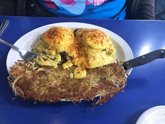 Eggs Benedict with attitude. Those hash browns aren't just a side—they're the foundation of a perfect breakfast architecture.