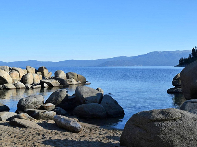 Lake Tahoe's boulder-strewn shores offer nature's perfect meditation spot – no app required, just breathtaking blue water and mountain silence.
